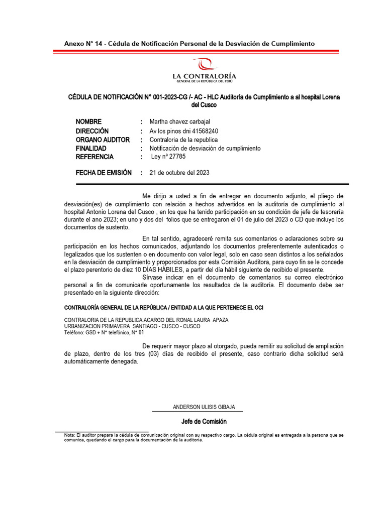 Anexo #14 - Cédula de Notificación Personal de La Desviación de ...