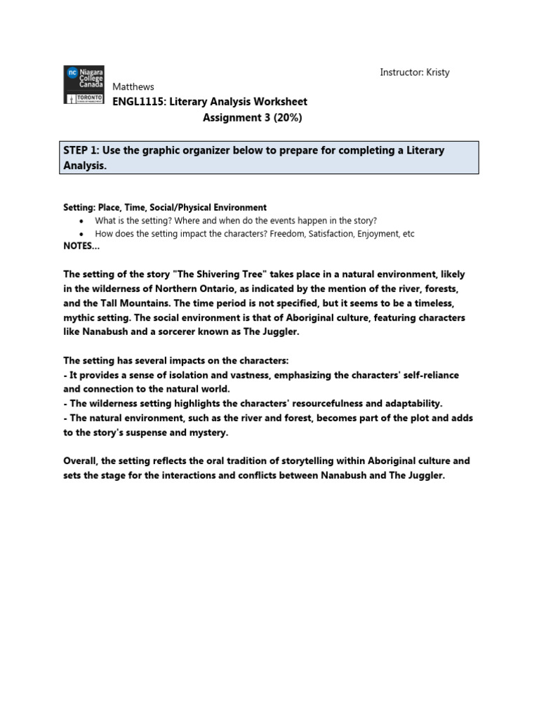ENGL1115: Literary Analysis Worksheet Assignment 3 (20%) STEP 1: Use ...