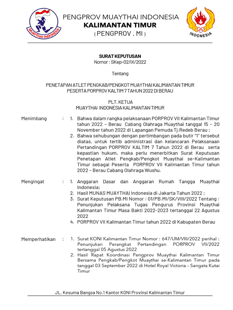 SK Penetapan Atlet Peserta Porprov Vii Kaltim 2022 Berau Cabor Muaythai ...