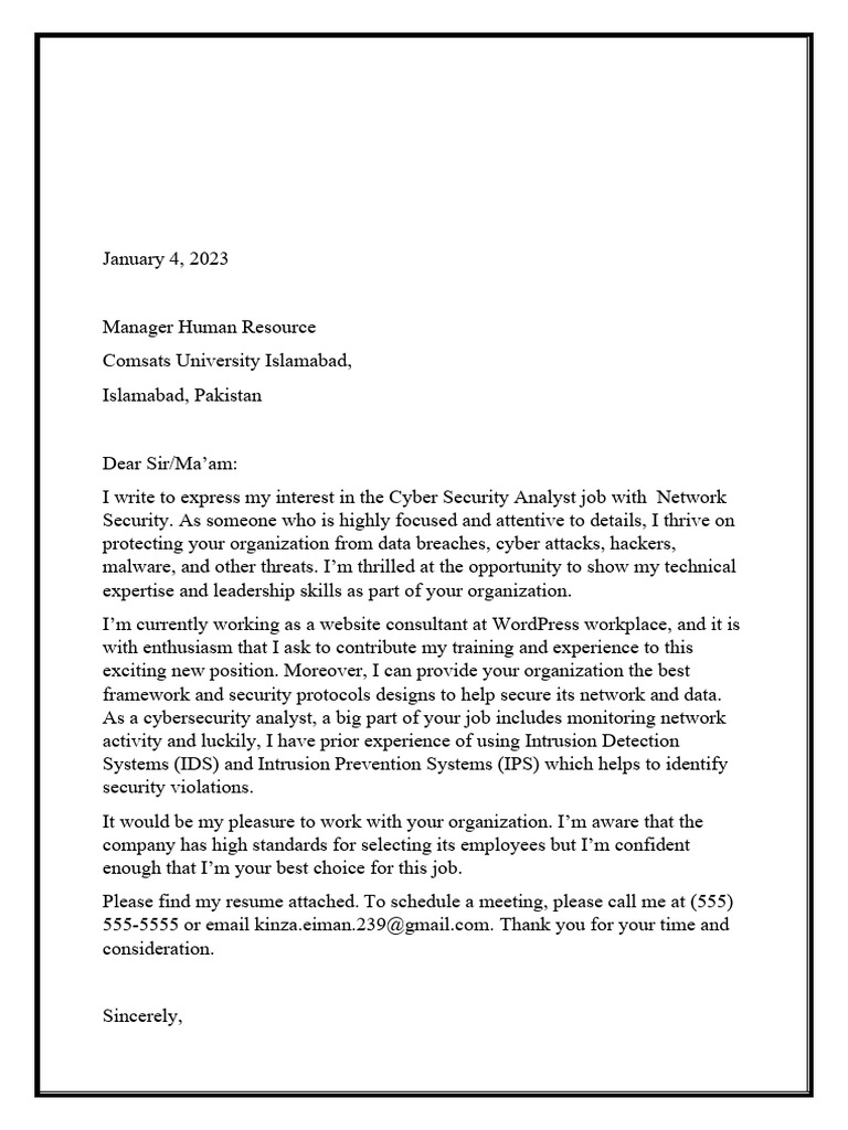 Cyber Security Analyst Application Letter | PDF