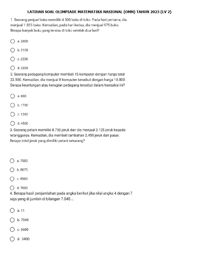 Latihan Soal Olimpiade Matematika Nasional THN 2023 (LV 2) | PDF