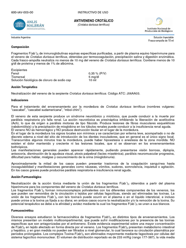 Instructivo Antiveneno Crotalus 10 ml | PDF | Alergia | Causas de la muerte
