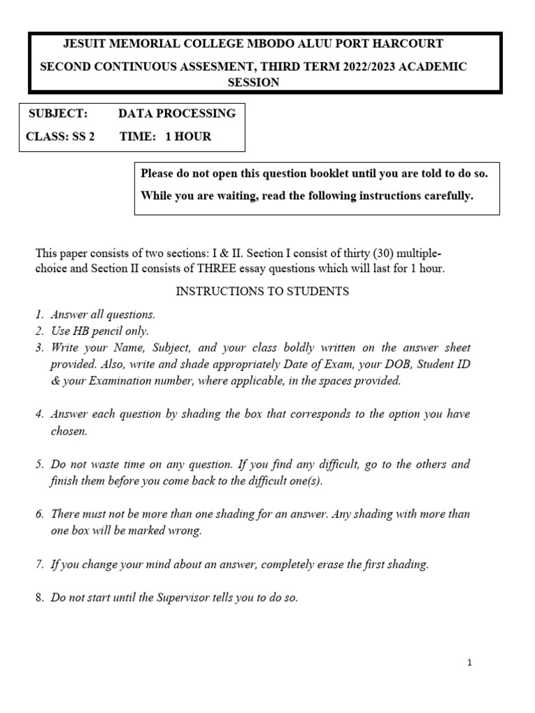 SS2 CA 2 THIRD TERM 2022_2023 | PDF | Operating System Technology ...