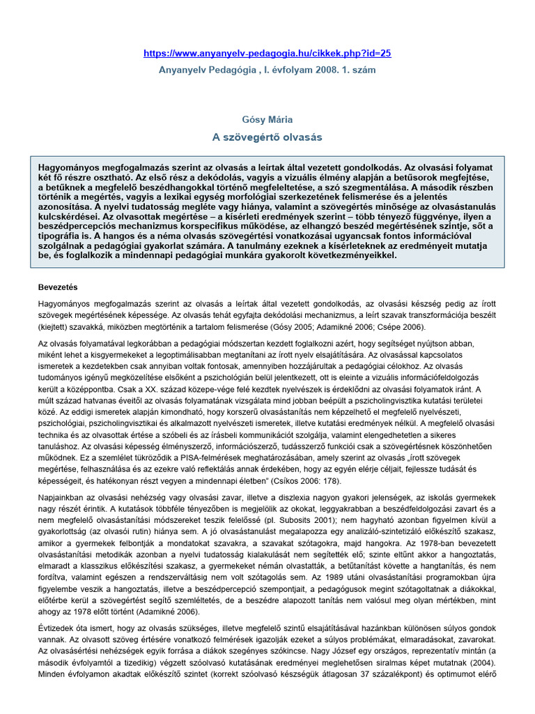 Gósy M. - A Szövegértő Olvasás Tanulmány | PDF