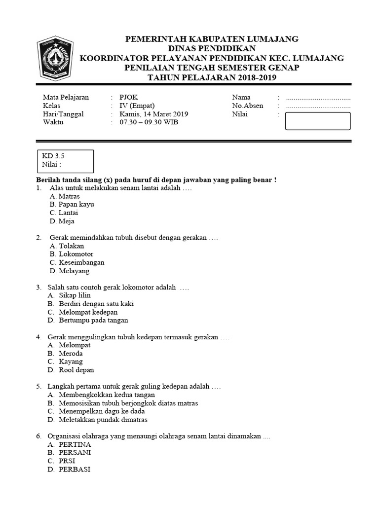 Soal PTS Genap Pjok Kelas 4 2018-2019 | PDF