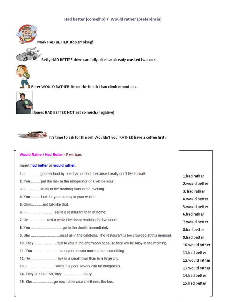 Had Better - Would Rather - Key To Exercises | PDF | Cooking, Food & Wine