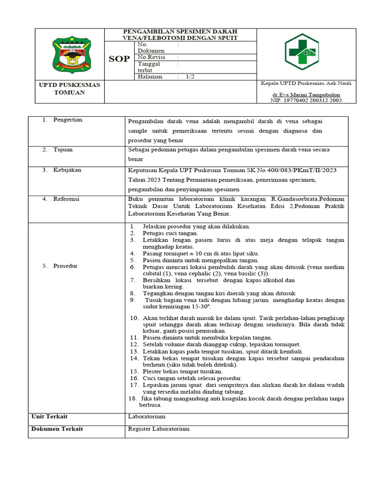 Sop Pengambilan Darah Vena | PDF