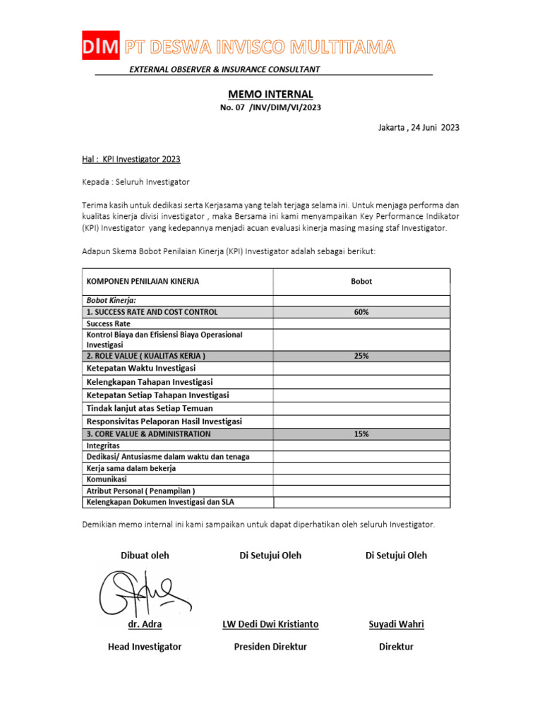 Memo Internal - KPI Investigator 2023 | PDF
