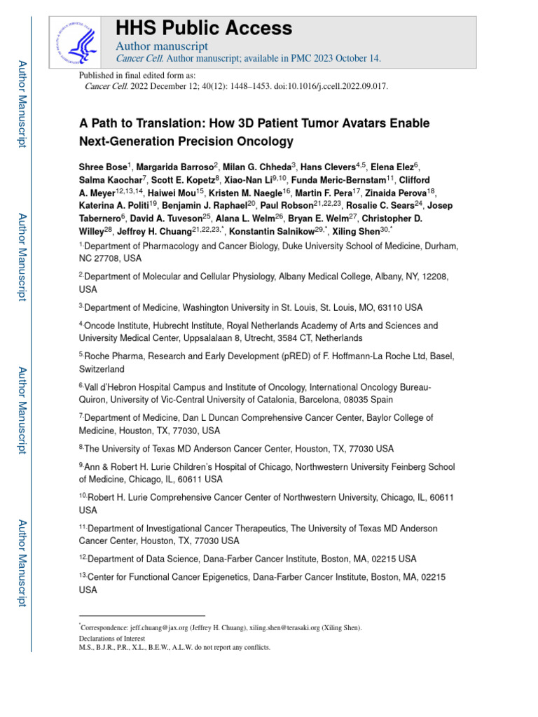 HHS Public Access: A Path To Translation: How 3D Patient Tumor Avatars Enable Next-Generation ...