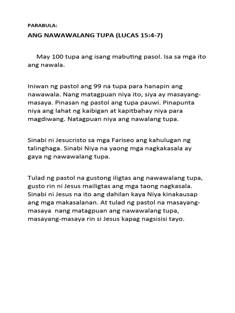 PARABULA Ng Nawawalang Tupa | PDF