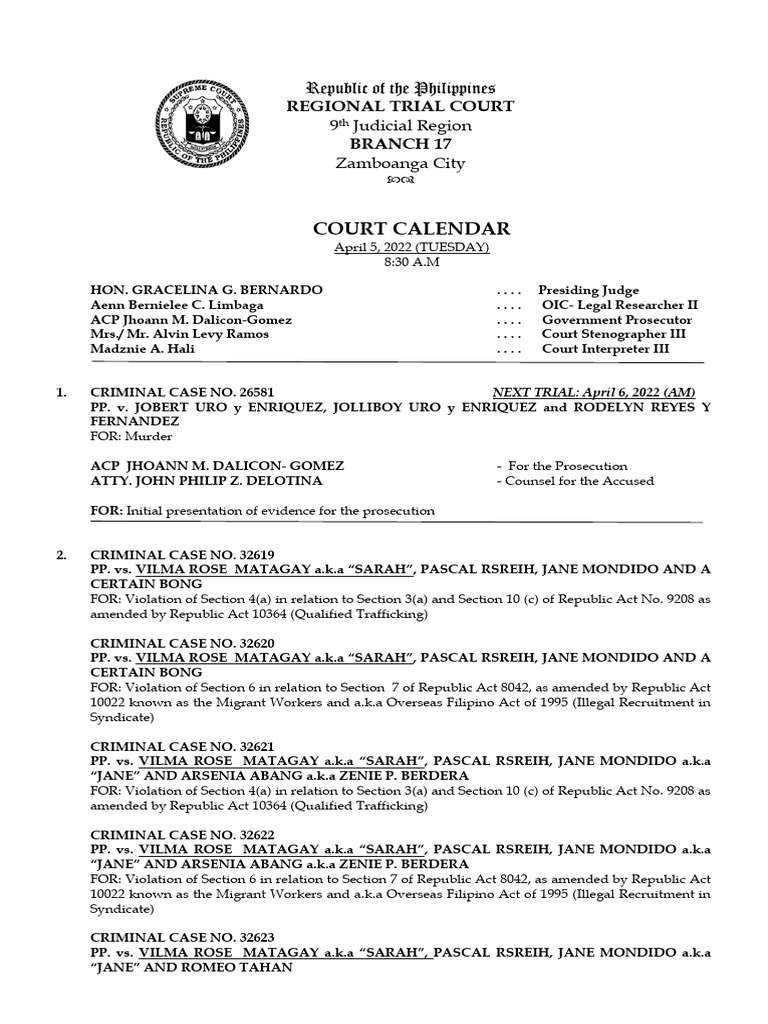 Court Calendar: Regional Trial Court Branch 17 | Download Free PDF ...