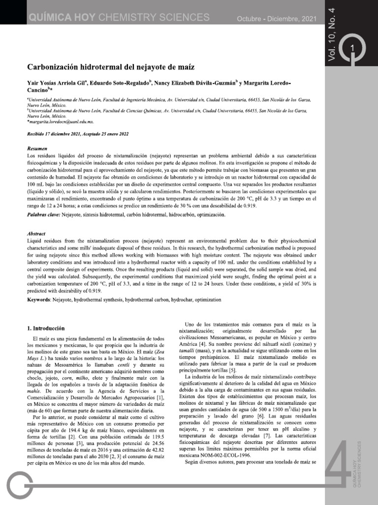 2021 Hidrochar Del Nejayote de Maíz | PDF