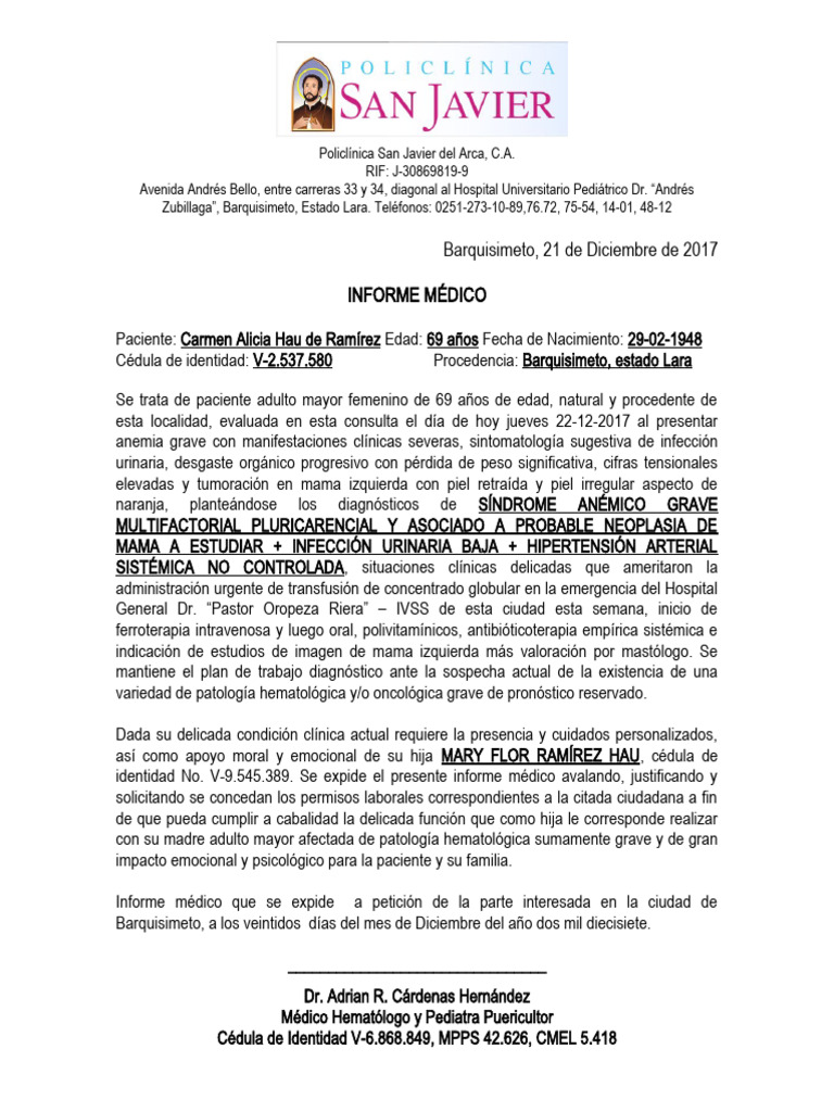 Informe Médico, Carmen Hau de Ramírez, Solic de Permiso para Hija Mary ...
