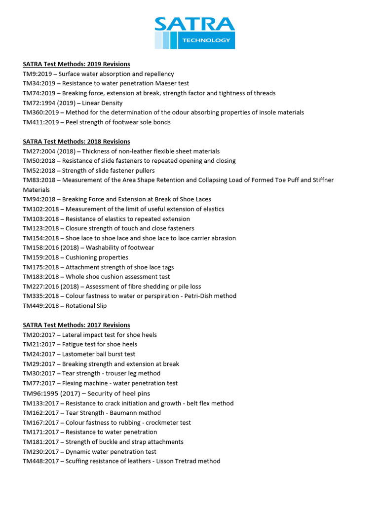 SATRA Test Methods Overview 2019 | PDF | Shoe | Physical Sciences