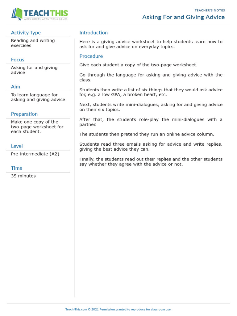 Advice Asking and Giving Worksheet | PDF