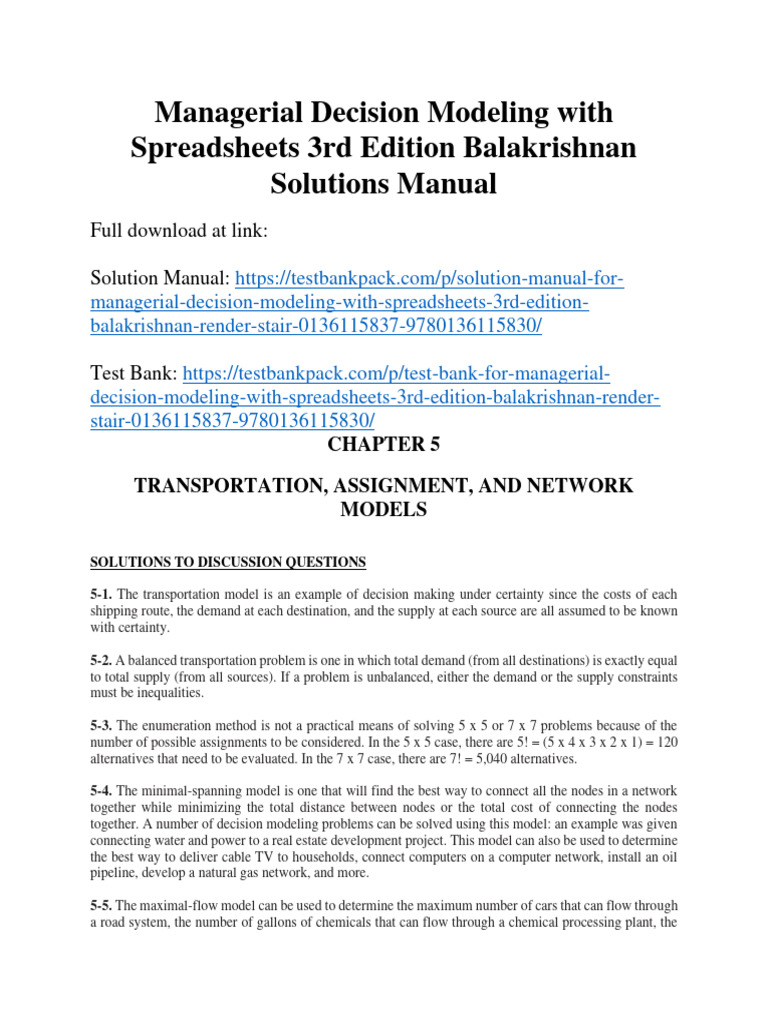 Managerial Decision Modeling With Spreadsheets 3rd Edition Balakrishnan Solutions Manual 1 | PDF