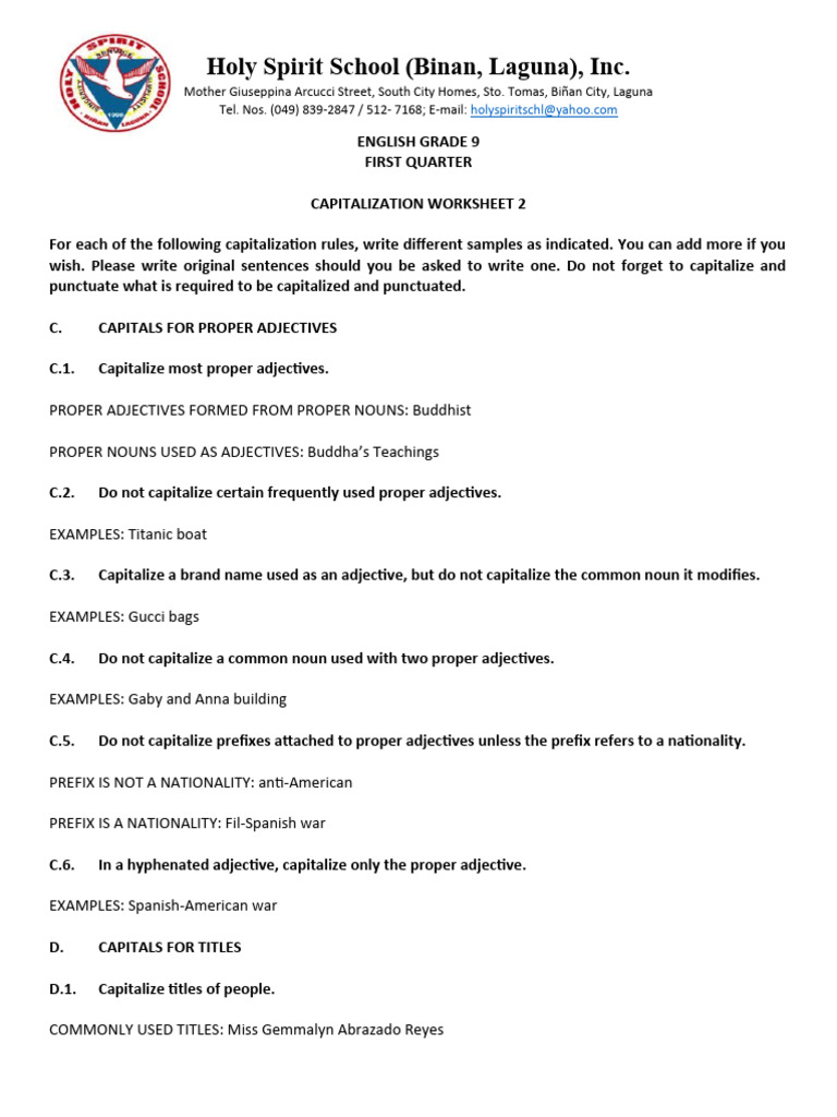 Capitalization Worksheet 2 | PDF | Adjective | Noun