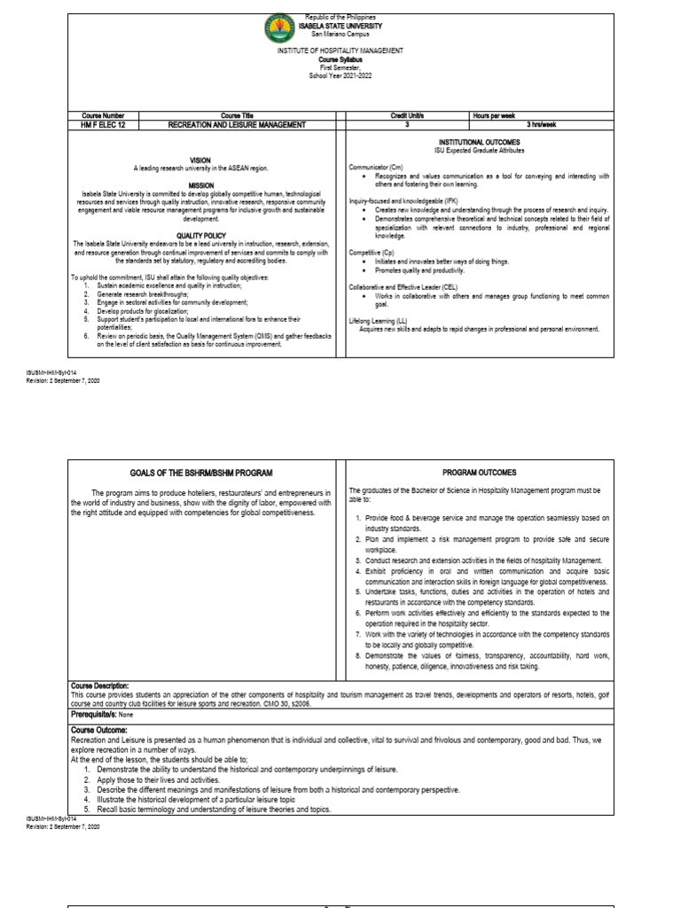 Recreation and Leisure Management Syllabus | PDF | Rubric (Academic ...