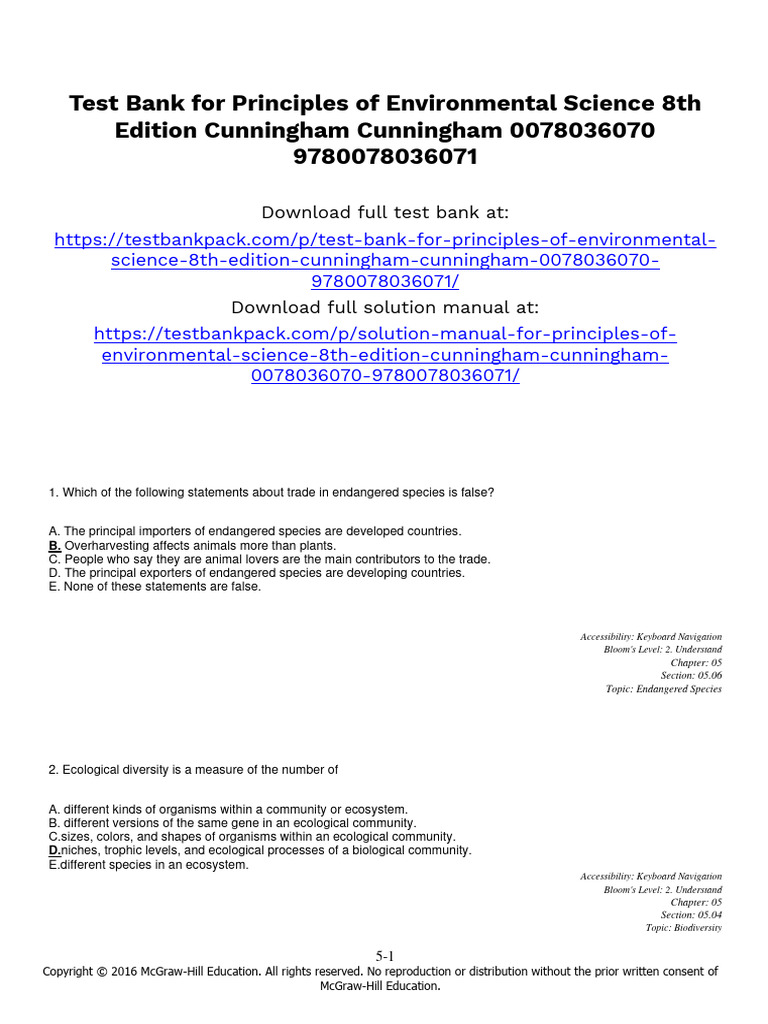 Principles of Environmental Science 8th Edition Cunningham Test Bank 1 ...