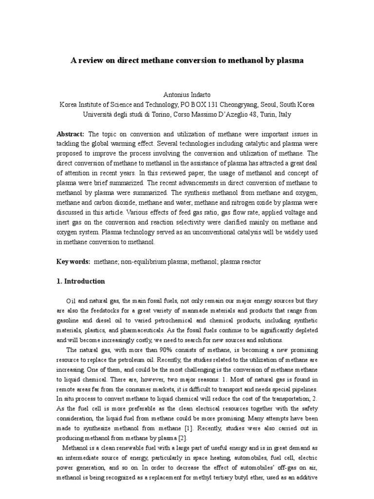 A Review On Direct Methane Conversion To Methanol By Plasma Pdf Methane Methanol