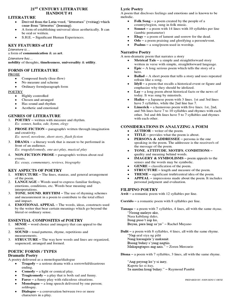 21st Century Literature Handouts | PDF | Poetry | Essays
