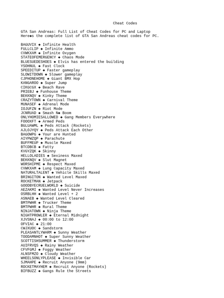 GTA San Andrease Cheat Codes | PDF