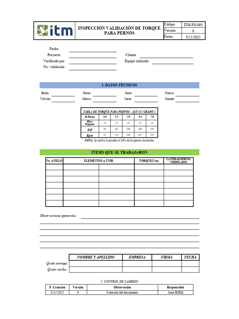 Validación ITM-FO-003: Torque Pernos | PDF