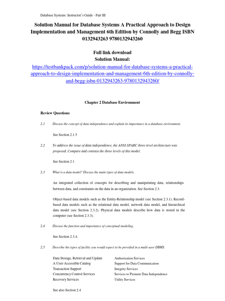 Solution Manual For Database Systems A Practical Approach To Design Implementation and ...
