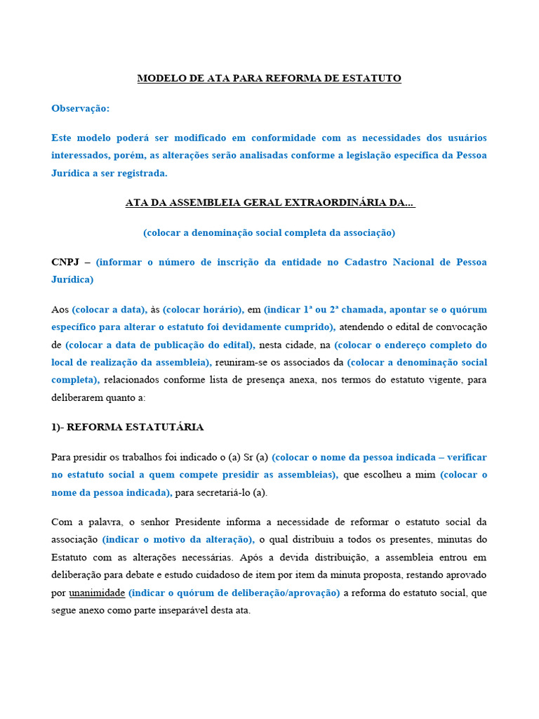 MODELO de ATA Alteração Do Estatuto | PDF | Tratado | Justiça