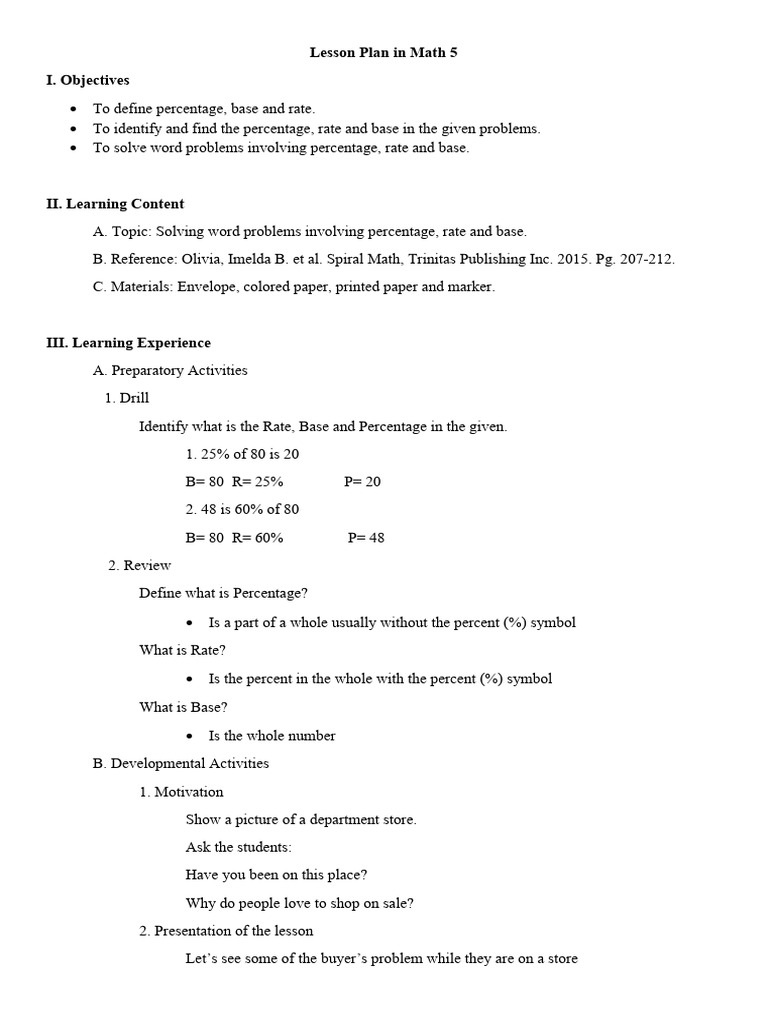 Lesson Plan in Math 5 | PDF | Percentage | Cognitive Science