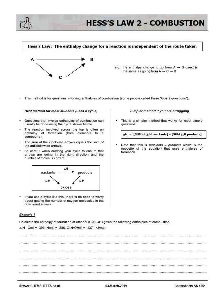 Chemsheets As 1051 Hesss Law 2 Combustion | PDF