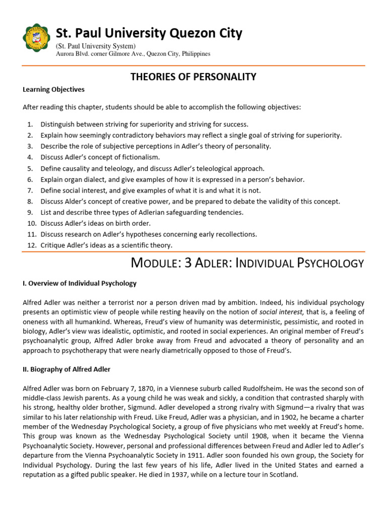 Adler's Theories of Personality | PDF | Sigmund Freud | Self Esteem