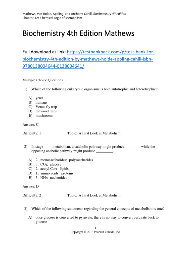 Biochemistry 4th Edition Mathews Test Bank 1 | PDF | Metabolism ...