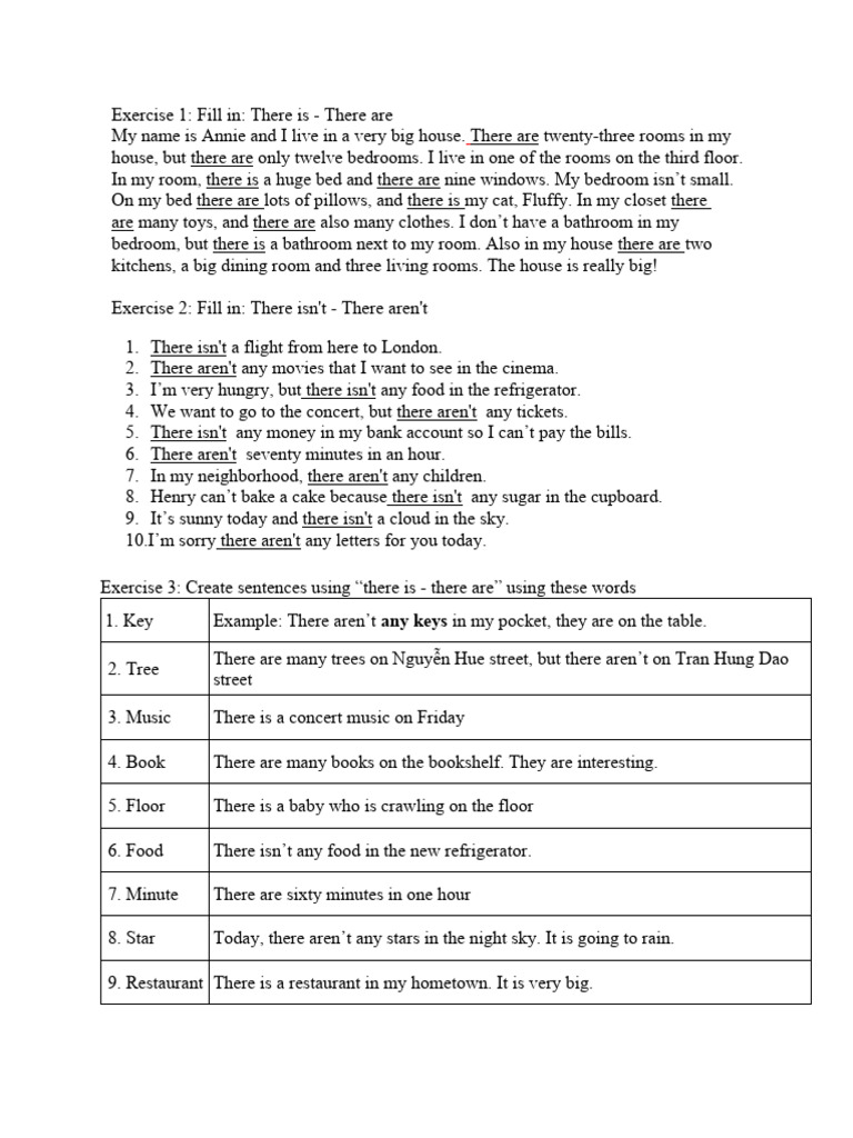 "Using 'There Is' and 'There Are' Exercises" | PDF