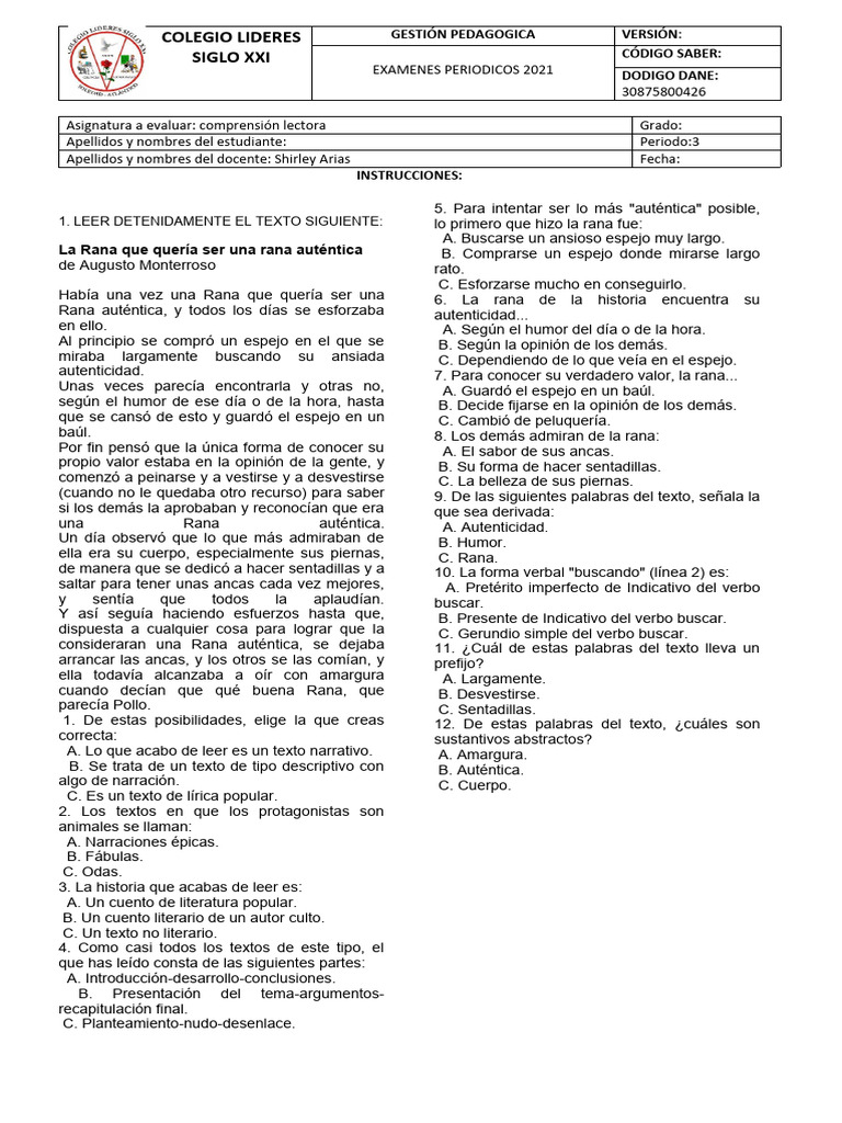 Examen de Comprensión Lectora 5° Primaria | PDF | Verbo