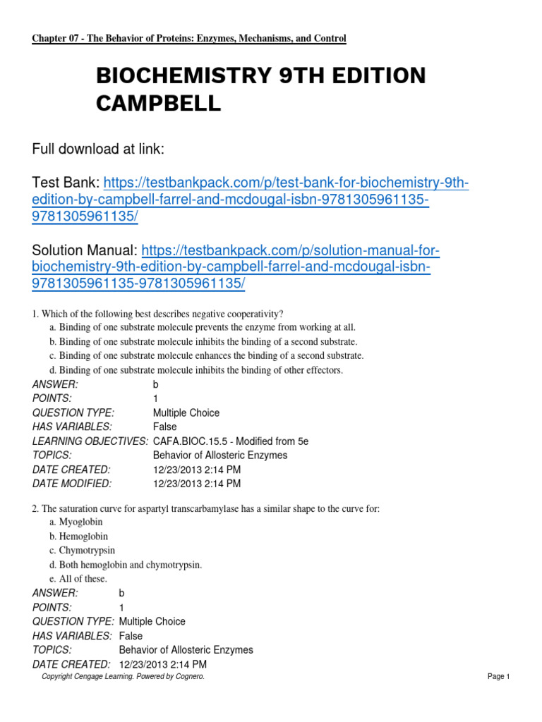 Biochemistry 9th Edition Campbell Test Bank 1 | PDF | Enzyme | Enzyme ...