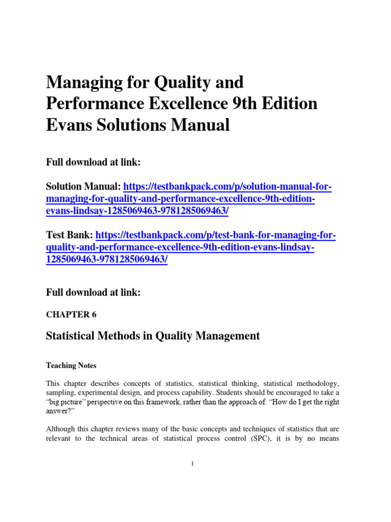 Managing For Quality and Performance Excellence 9th Edition Evans ...