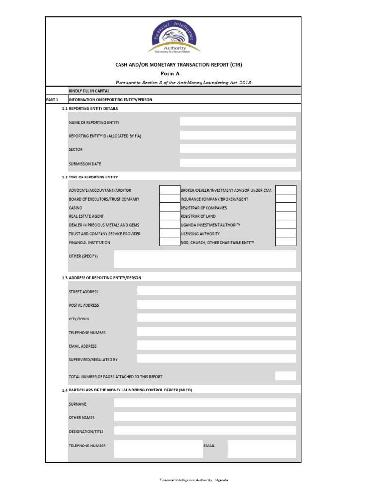 FIA CTR Form A | PDF | Identity Document | Money Laundering