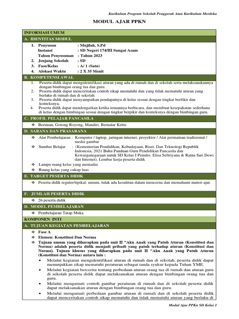 RPP PKN Kelas 1sd | PDF