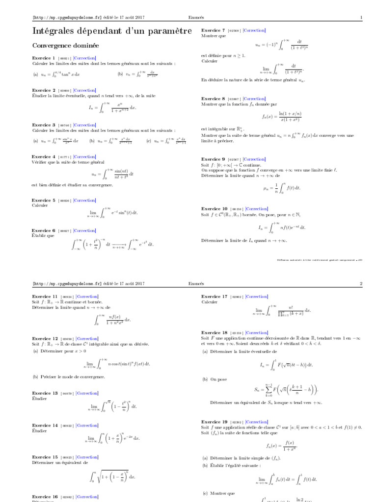 Intégrales Dépendant D Un Paramètre | PDF | Limite (mathématiques) | Calcul