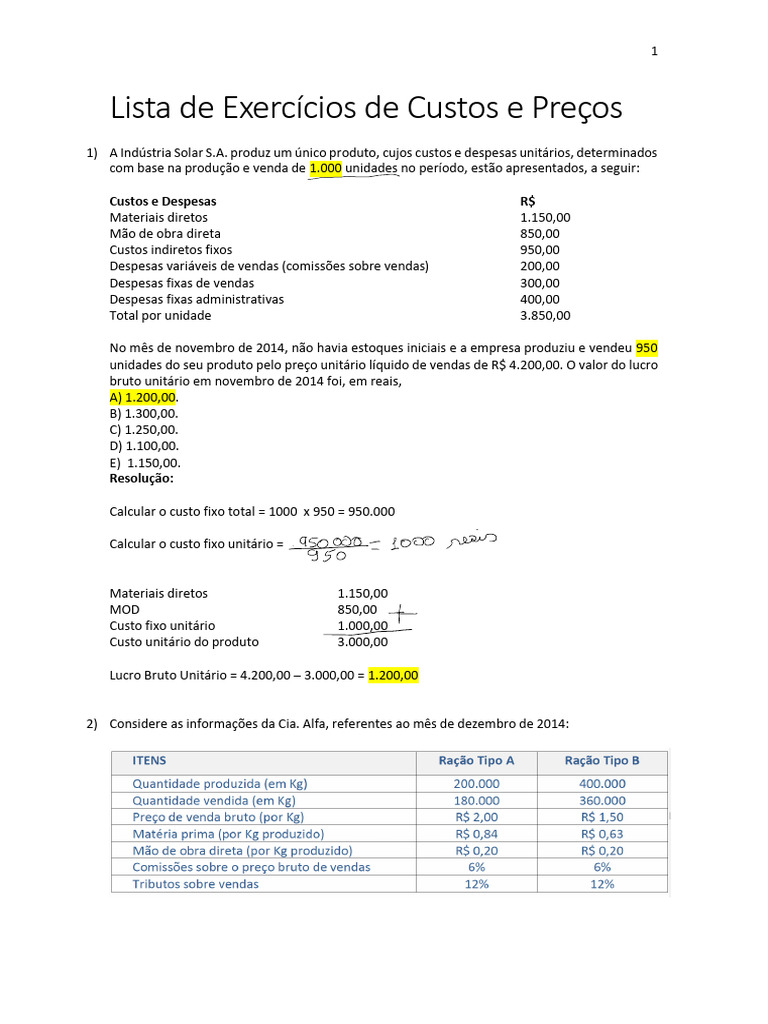 002 - Lista de ExercÃ - Cios Custos e PreÃ Os - Resolvida Na Aula - Prof SÃ - Lvio | PDF