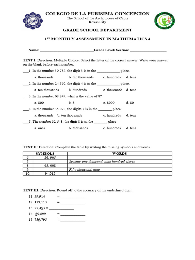 1st Monthly Assessment Overview | PDF | Numbers | Mathematics