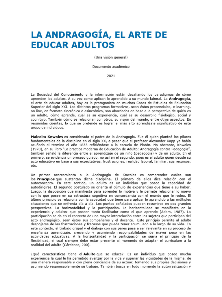 La Andragogía | PDF | Aprendizaje | Adultos