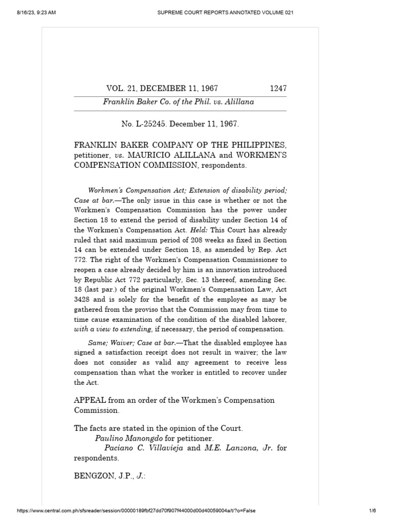 Franklin Baker Co. of The Phil. vs. Alillana, 21 SCRA 1247, December 11 ...