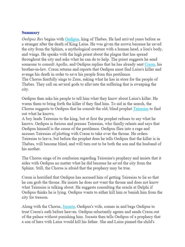 Summary Oedipus Rex | PDF | Mystery, Thriller & Crime Fiction