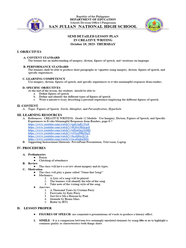 Semi Detailed Lesson Plan Cot | PDF | Metaphor | Learning