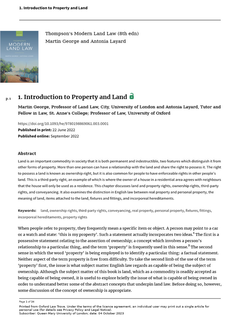 Thompsosn Modern Land Law Chapter 1 Pdf Mortgage Law Property