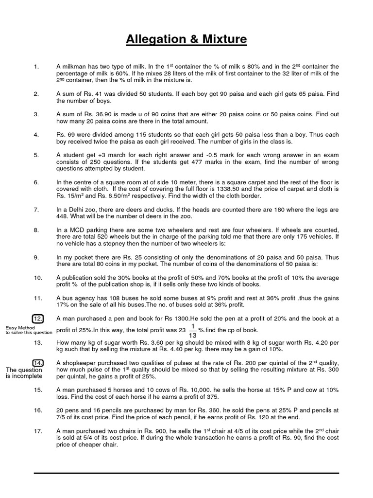 Mixture and Allegation - CPP | PDF | Ratio | Milk