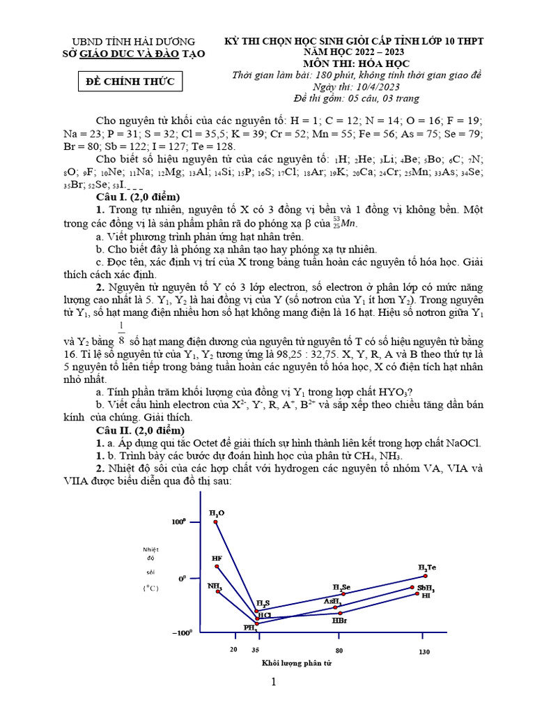 2022-2023 Hsg Hóa 10 - Hải Dương - Đề + Hdc | PDF