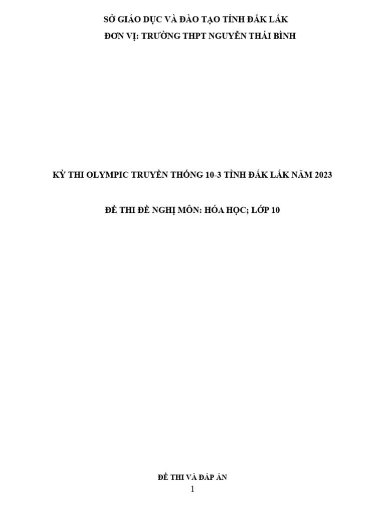 2022-2023 HSG Hóa 10 - THPT Nguyễn Thái Bình - Đaklak - Đề + HDC | PDF